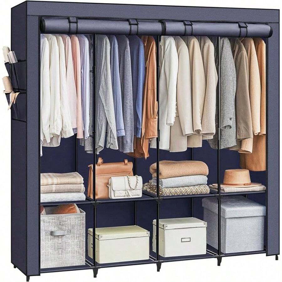 Portable Closet, Wardrobe Closet Organizer With Cover, 3 Hanging Rods ...