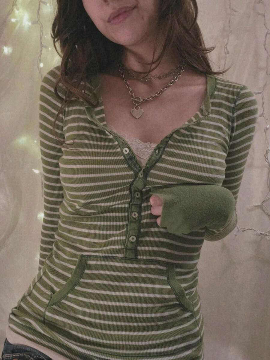 Women Y2K Fairy Grunge T-Shirts Vintage Long Sleeve Knit Tops Casual Striped 3/4 Button Pullover ...