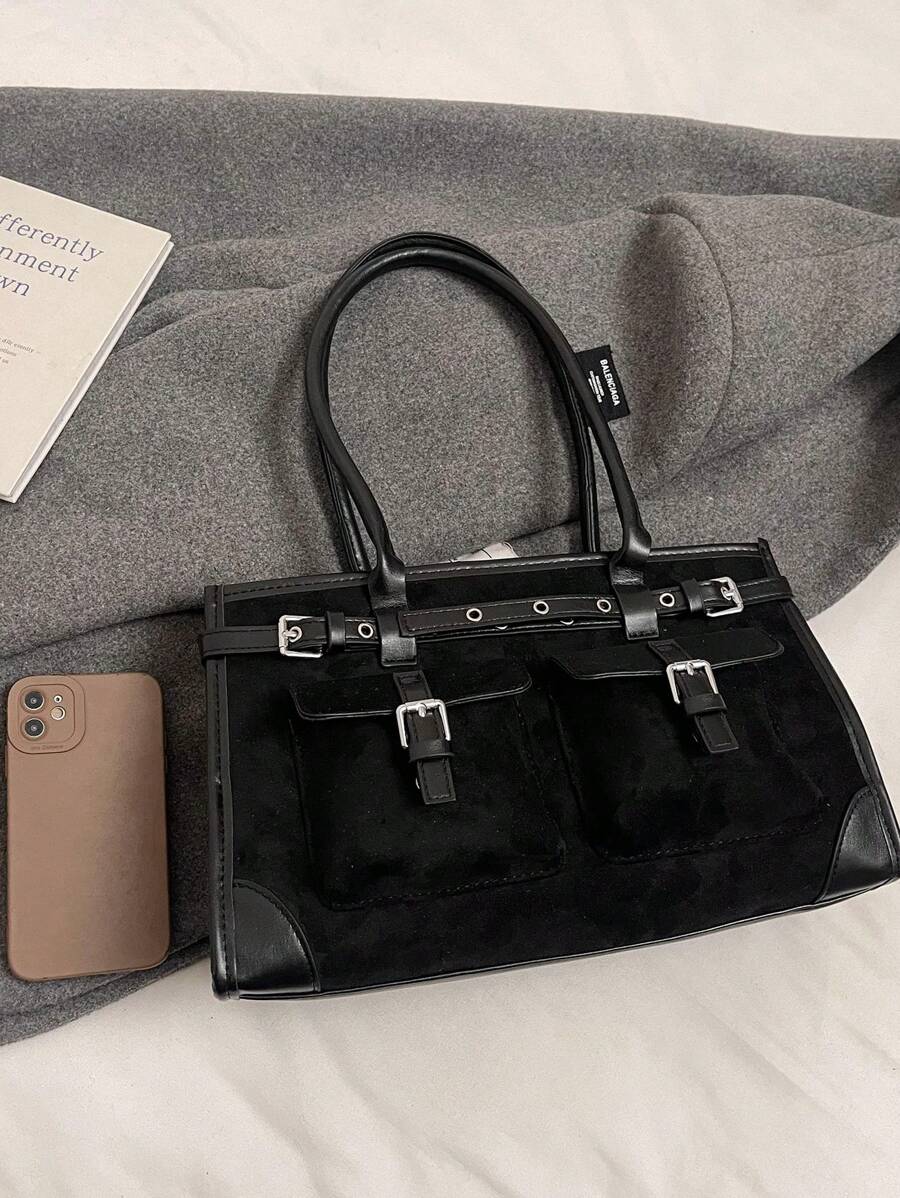 1pc Women Fashion Commuter Bag With Solid Color Pocket Patchwork, Black ...