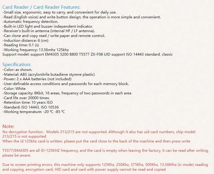 Handheld RFID Duplicator NFC Reader Access Control 125Khz T5577 Writer ...