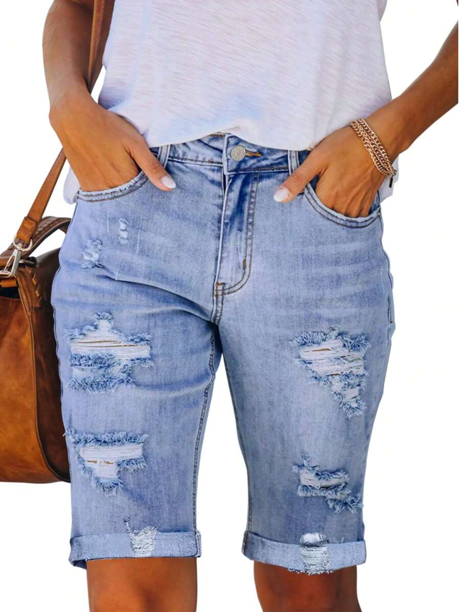 Necooer Women Jean Shorts Ripped Casual Summer Mid Waist Stretchy Five ...