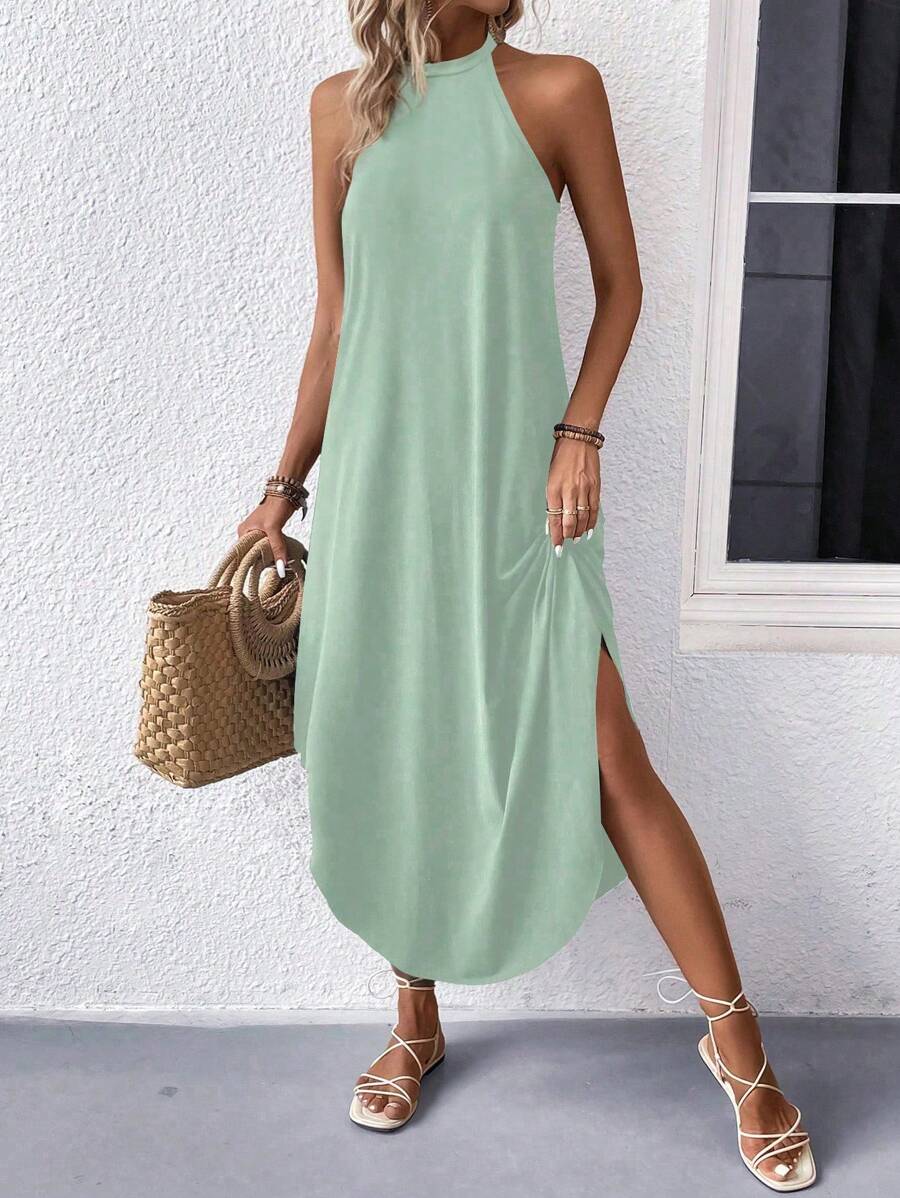 Robe de vacances casual à col bénitier de couleur unie pour femmes ...