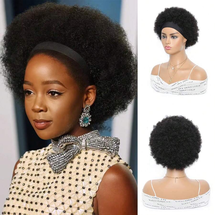 Afro Headband Wig Short Kinky Curly Wigs For Women Black Color Headband ...