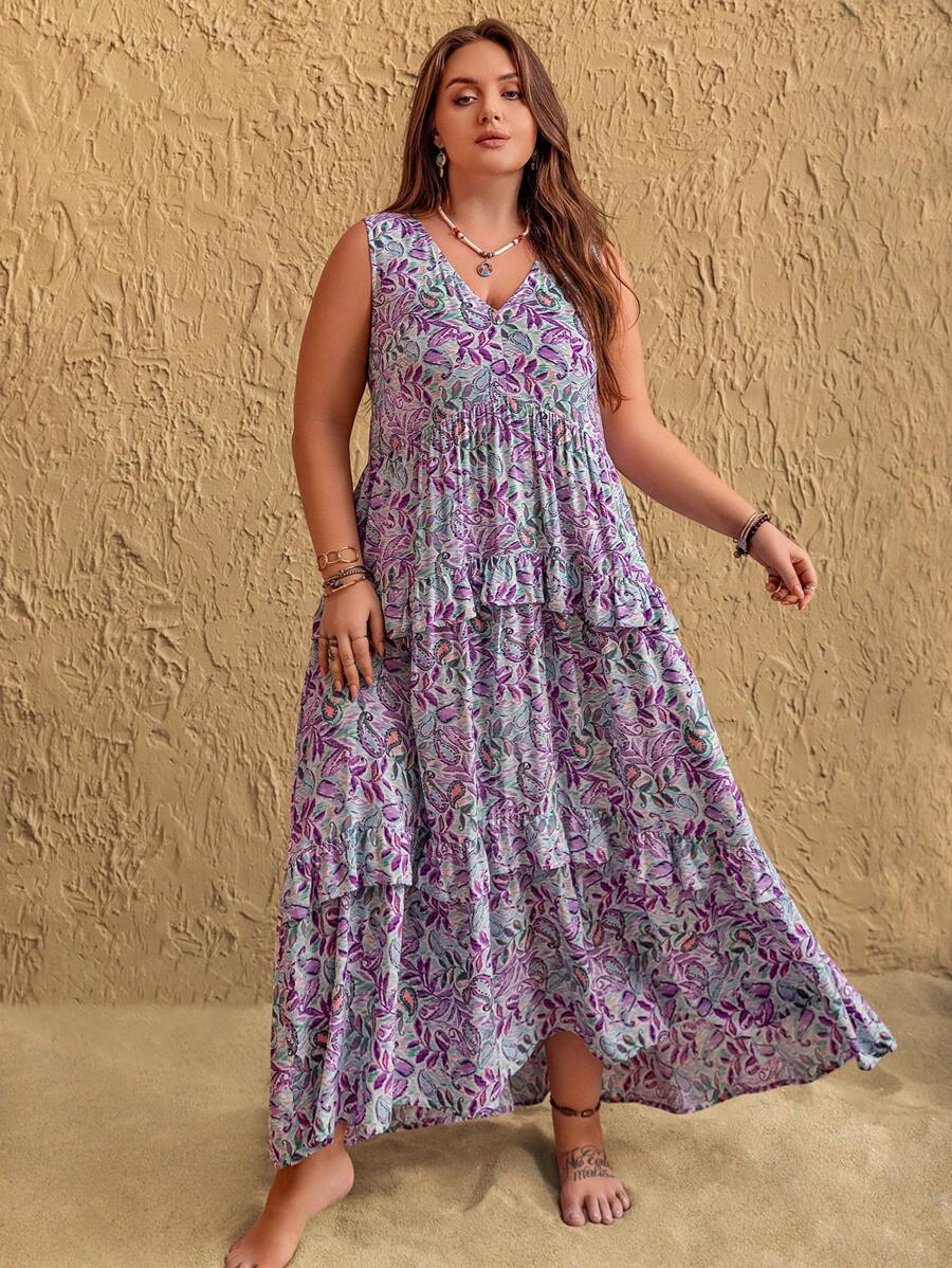 Rusttydustty Women's Purple Floral V-Neck Maxi Dress Fresh Bohemian ...