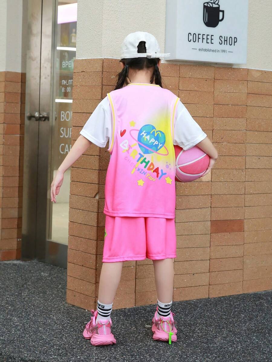 2pcs/Set Girls Basketball Print Short Sleeve Outfit, Sporty Sets For ...