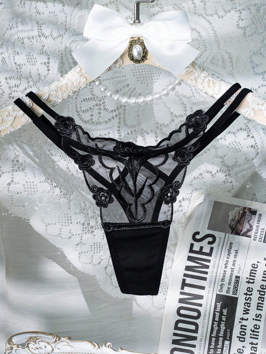 Sexy Lingerie Ladies Embroidered Sheer Mesh Spaghetti Strap Thongs | SHEIN USA