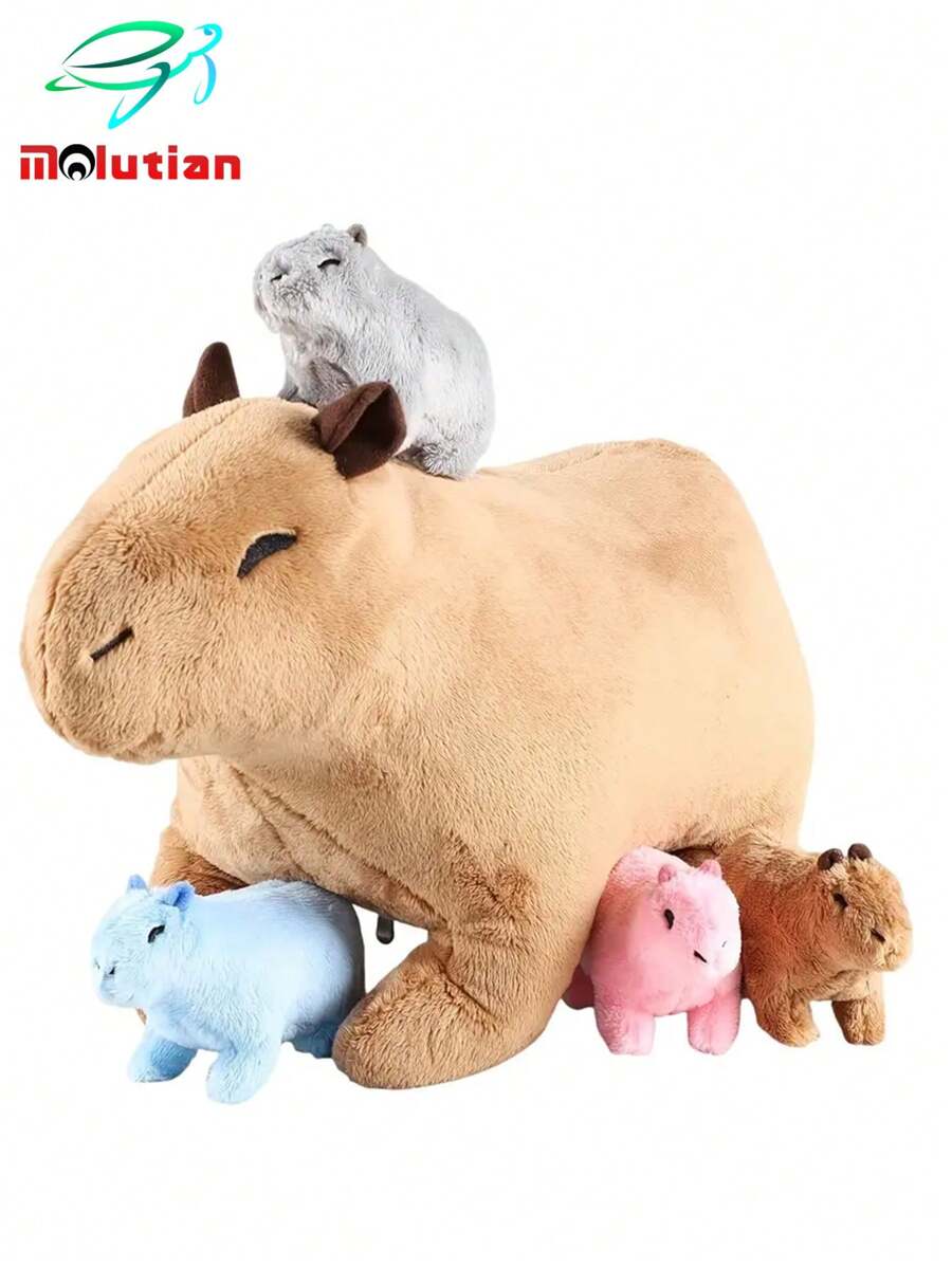 Molutian 13.38 Inch Simulated Animal Capybara Plush Toy With 4 Small ...