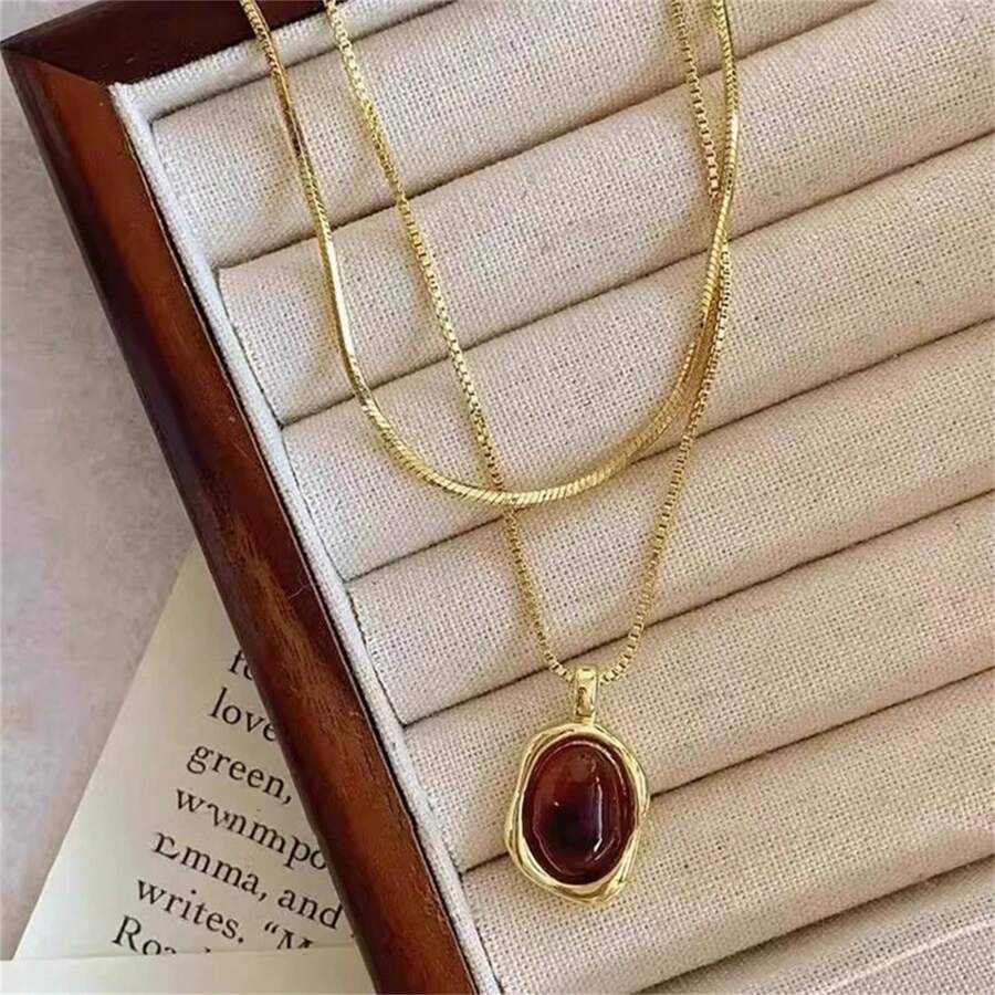 2wayアンバー レイヤード ゴールドチェーンネックレス、高級軽量合金ジュエリーデザイン レディース、2025年新作コレクション | #SHEIN春の感謝祭