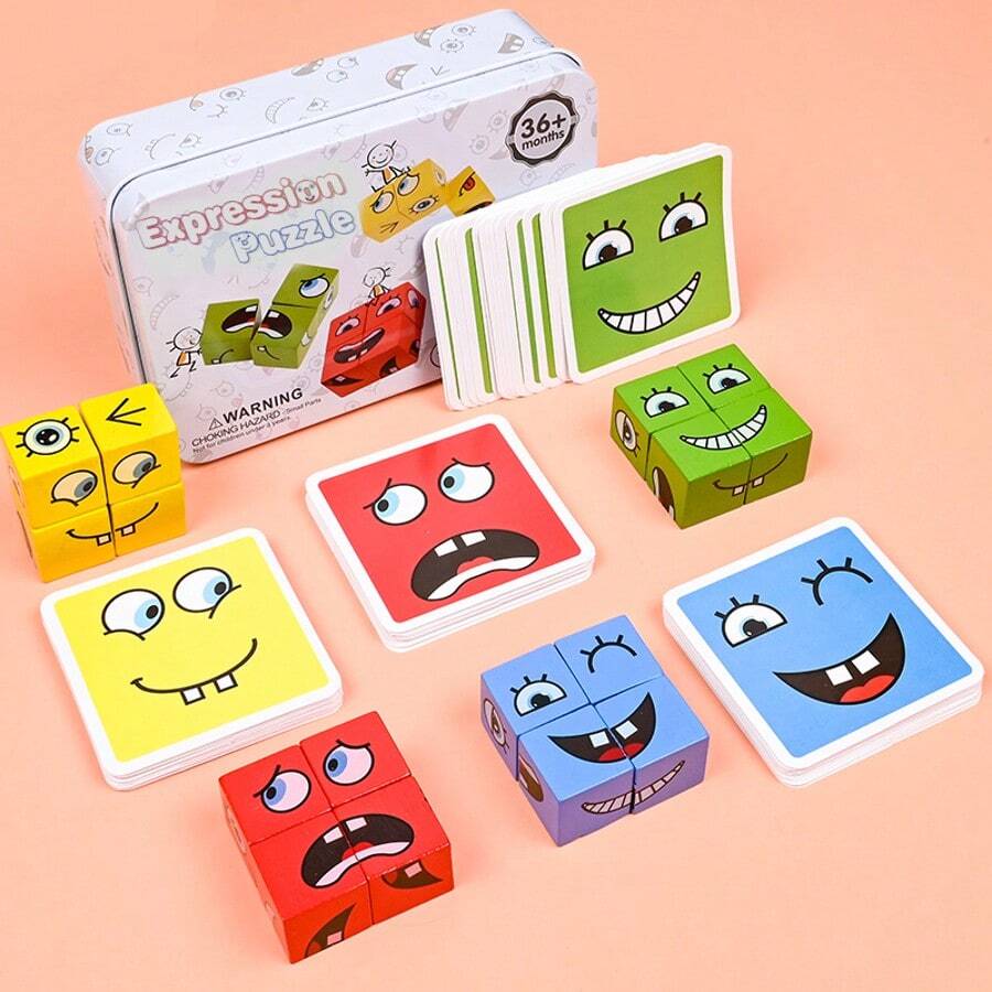 1 Set Of Children's Wooden Expression Face Changing Magic Cube Building ...