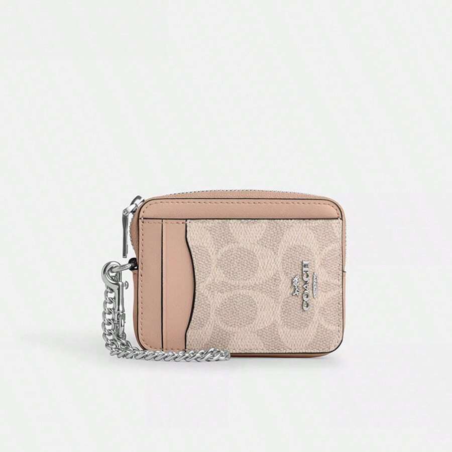 Coach Signature 11 Silver Metal Logo Coated Canvas Card Holder Mini ...