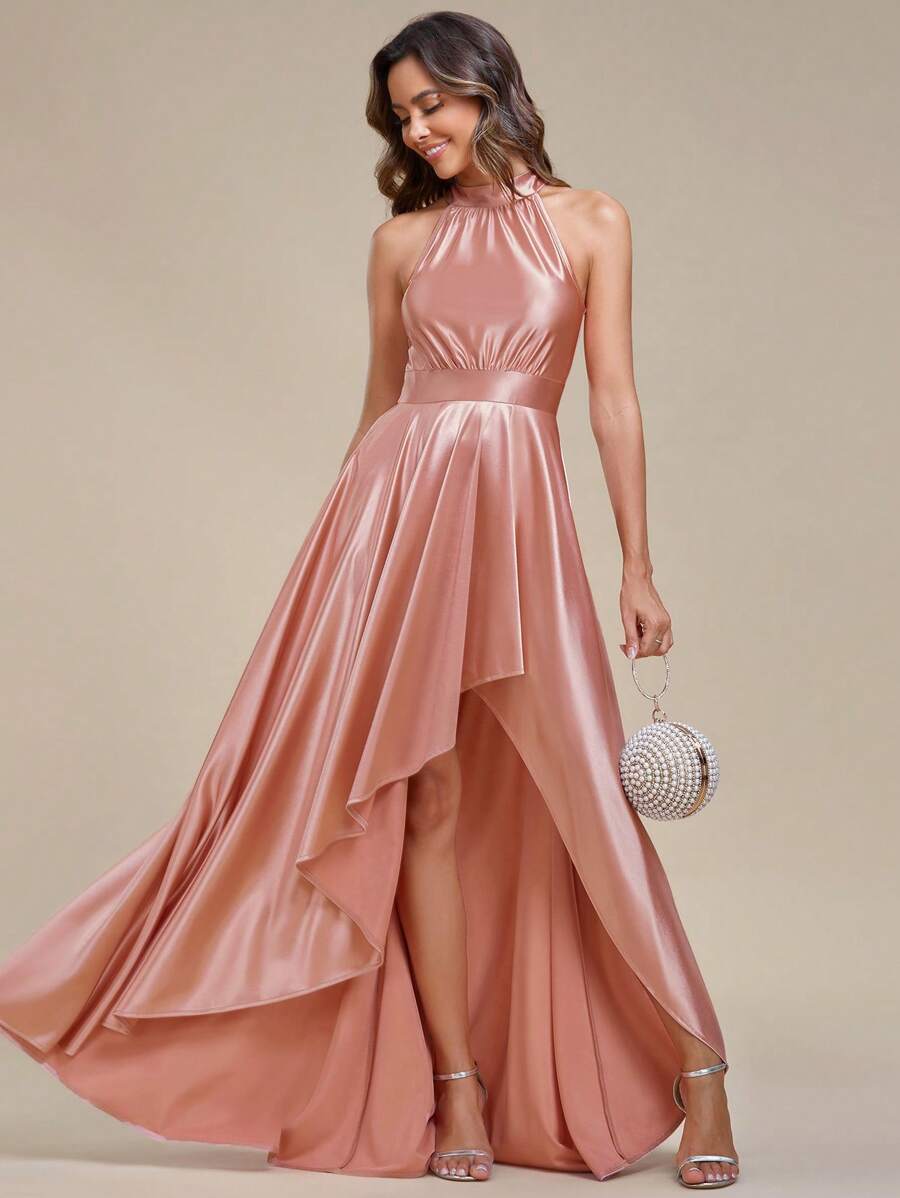 EVERPRETTY Halter Neck High-Low A-Line Satin Halter Prom Dress, Wedding ...