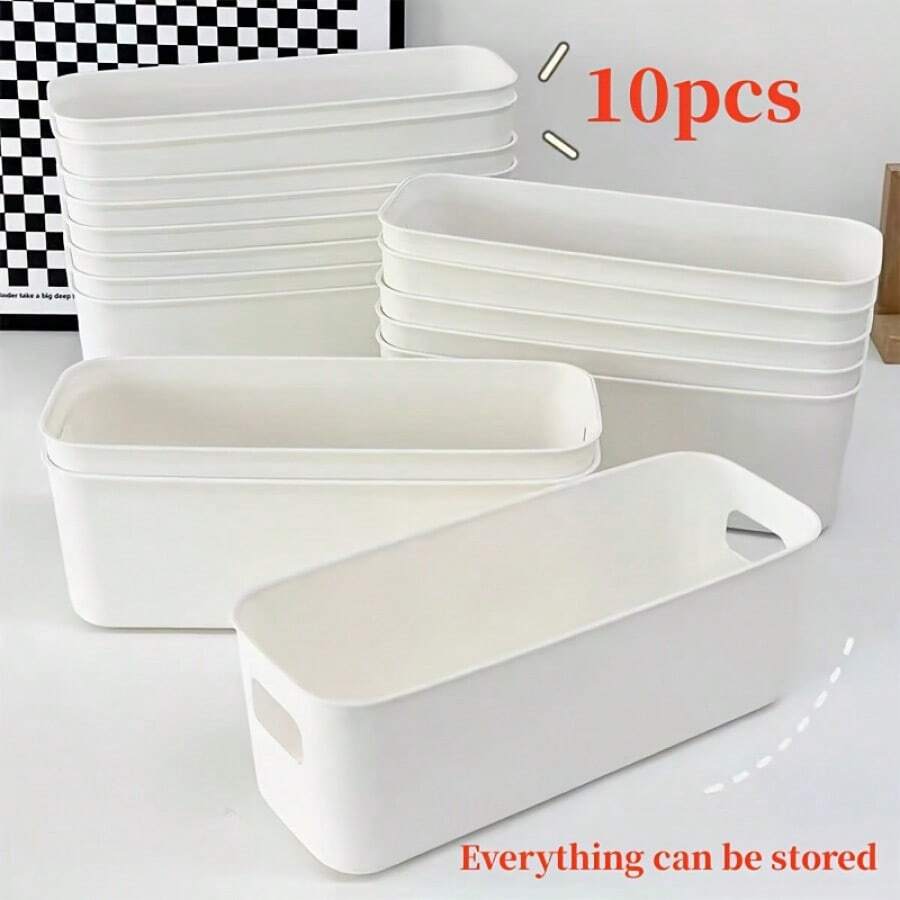 10-Piece Set White Plastic Storage Boxes - Multi-Functional Stackable ...