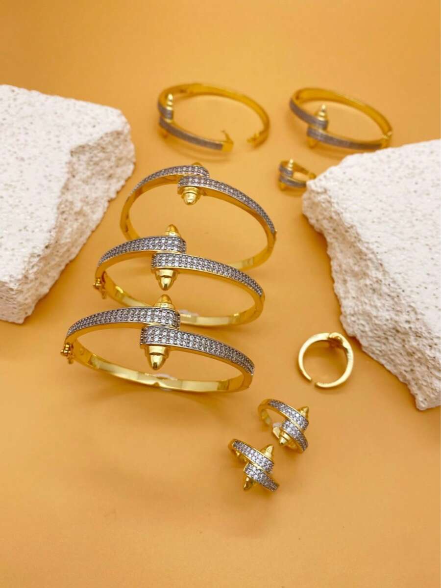 18K Gold Plated Copper Bracelet And Ring Set With Zirconia Stones ...