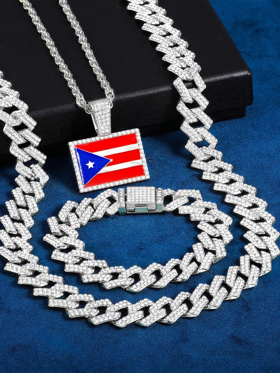 4pcs/Set Puerto Rico Flag Design Necklace With Rhinestone Chain And ...