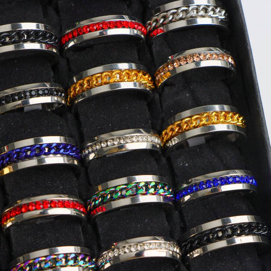 12pcs/Pack Stylish Rhinestone Stainless Steel Rotating Rings, Random ...