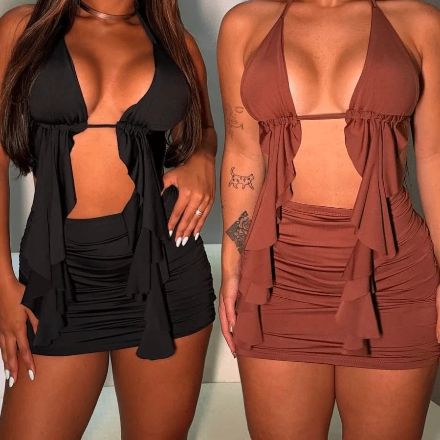 Mermaid Ruffle Crop Top And Short Skirt Set | SHEIN USA