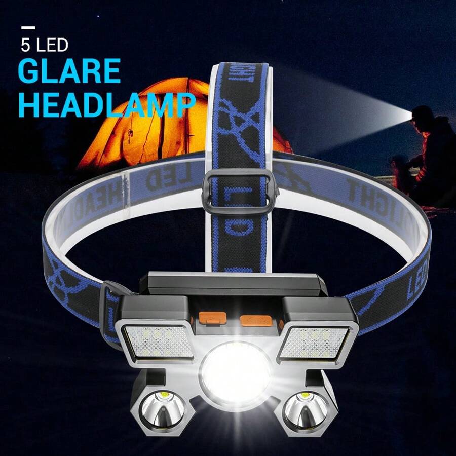 5 LED USB Rechargeable Headlamp, Hands-Free Outdoor Flashlight With Lithium Battery Torch ...