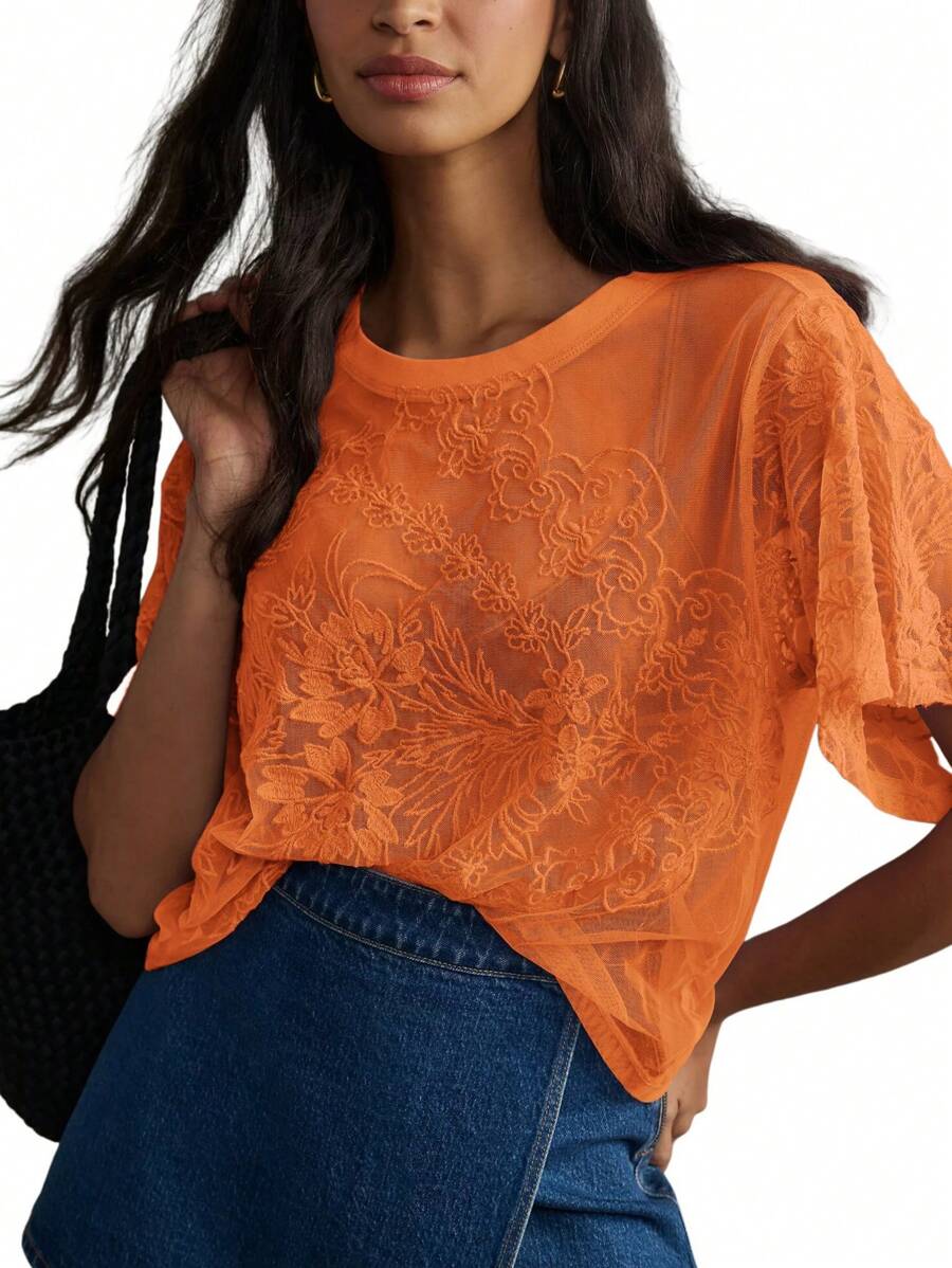 OPCAKM Women's Sexy Mesh Tops Y2K Short Sleeve Round Neck Lace 3D Printed Floral Sheer Blouse ...