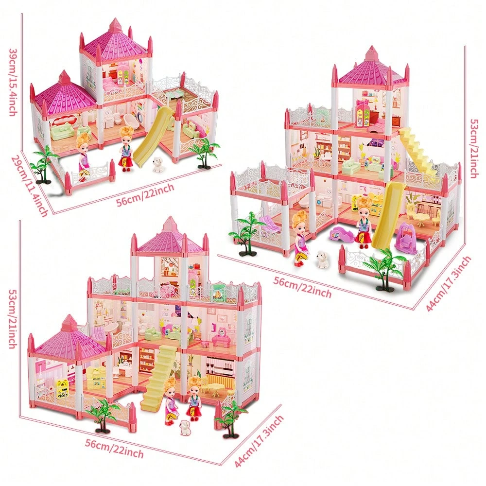 2-Story 4-Room/3-Story 7-Room/3-Story 9-Room 3-In-1 Kids Dollhouse ...