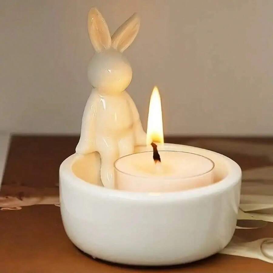 1 Pc Bunny Candle Holder - Cartoon Ceramic Bunny Figurine With White ...