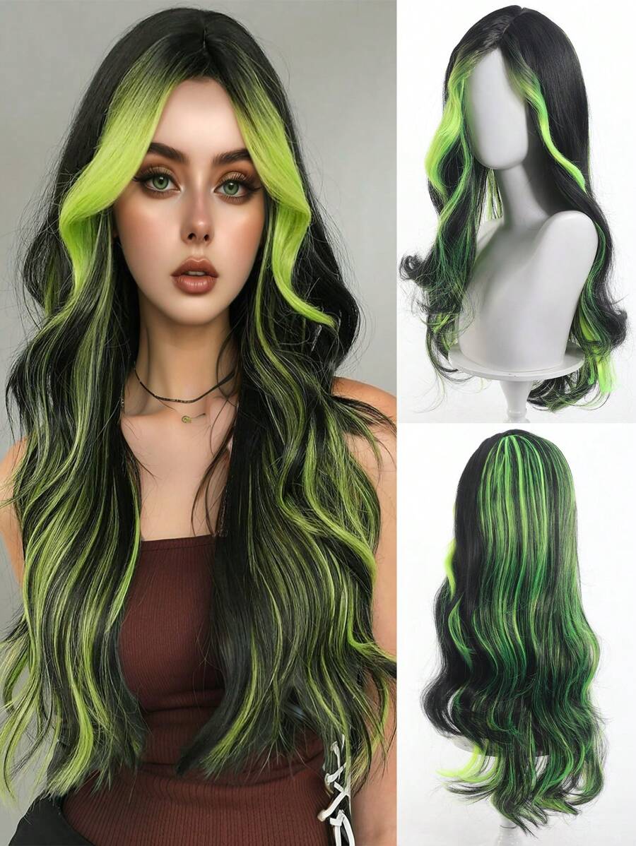 Black And Green High-Gloss Long Wavy Fringe Wig Synthetic Mechanism Wig ...