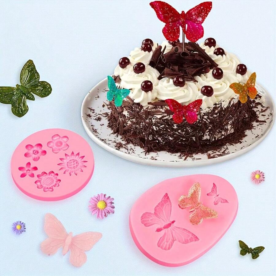 6 Pieces Fondant Molds, Mini Flowers Butterflies Leaves Silicone Molds ...