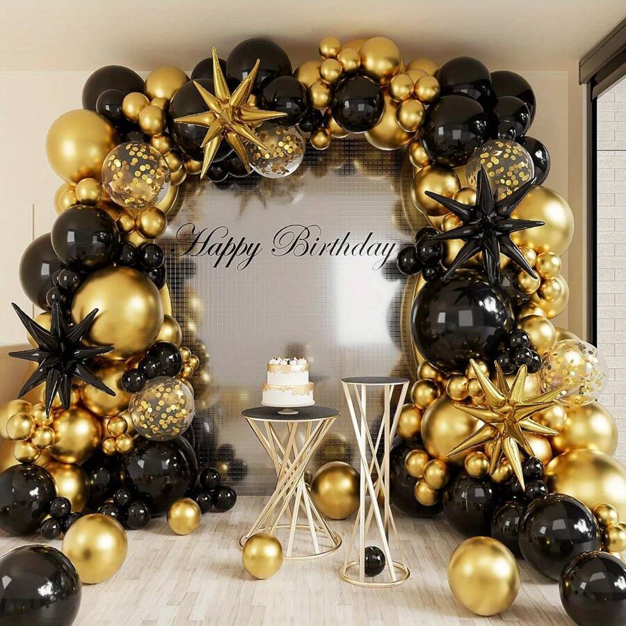 147pcs, Black Metal Gold Balloon Arch Set, Exploding Star Aluminum Film ...