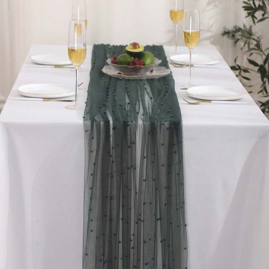 Elegant Pearl Table Runner - Sheer White Mesh With Pearl Accents ...