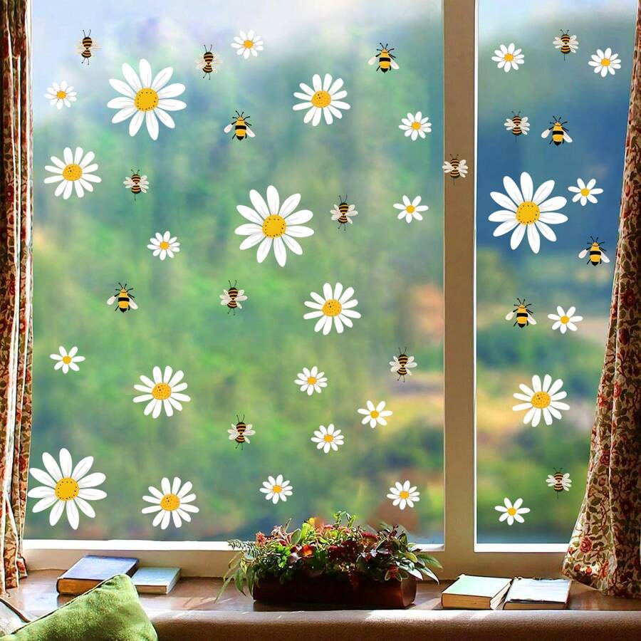 3pcs Bee & Daisy Window Clings, Spring Decor, Summer Window Stickers ...
