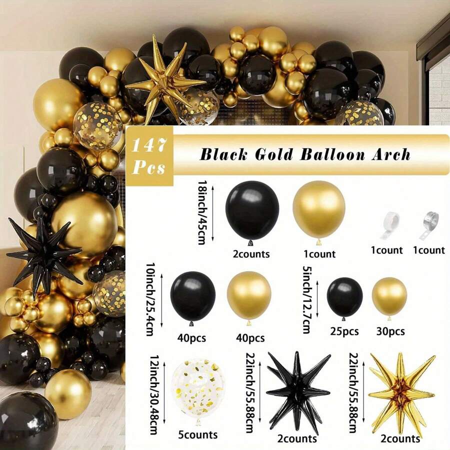 147pcs, Black Metal Gold Balloon Arch Set, Exploding Star Aluminum Film ...