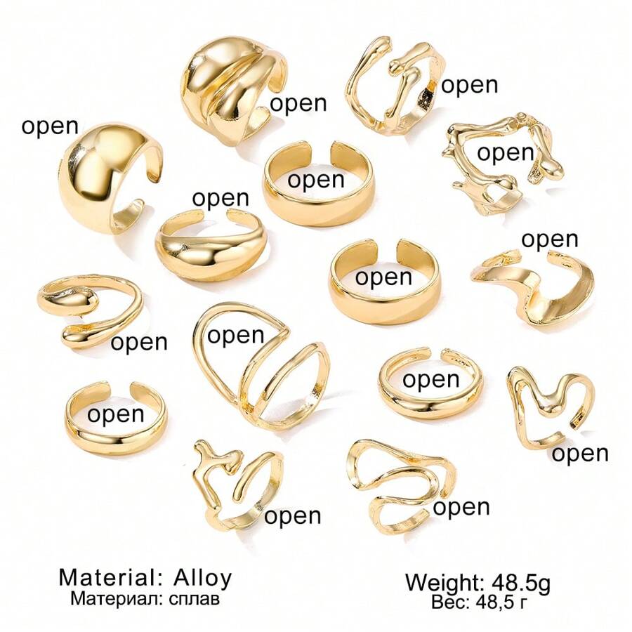 15pcs/Set Geometric Alloy Rings, Asymmetrical Hollow Decor, Women ...