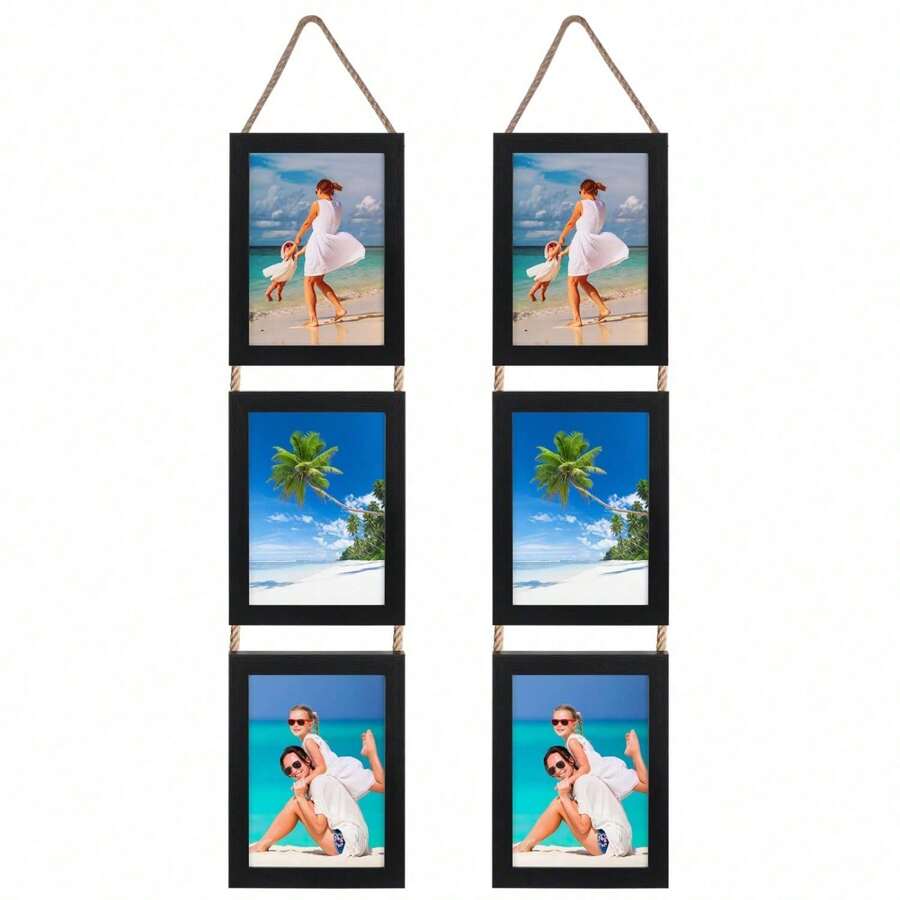 5x7 Collage Triple Picture Frames Set, Black 6 Opening Hanging Vertical ...