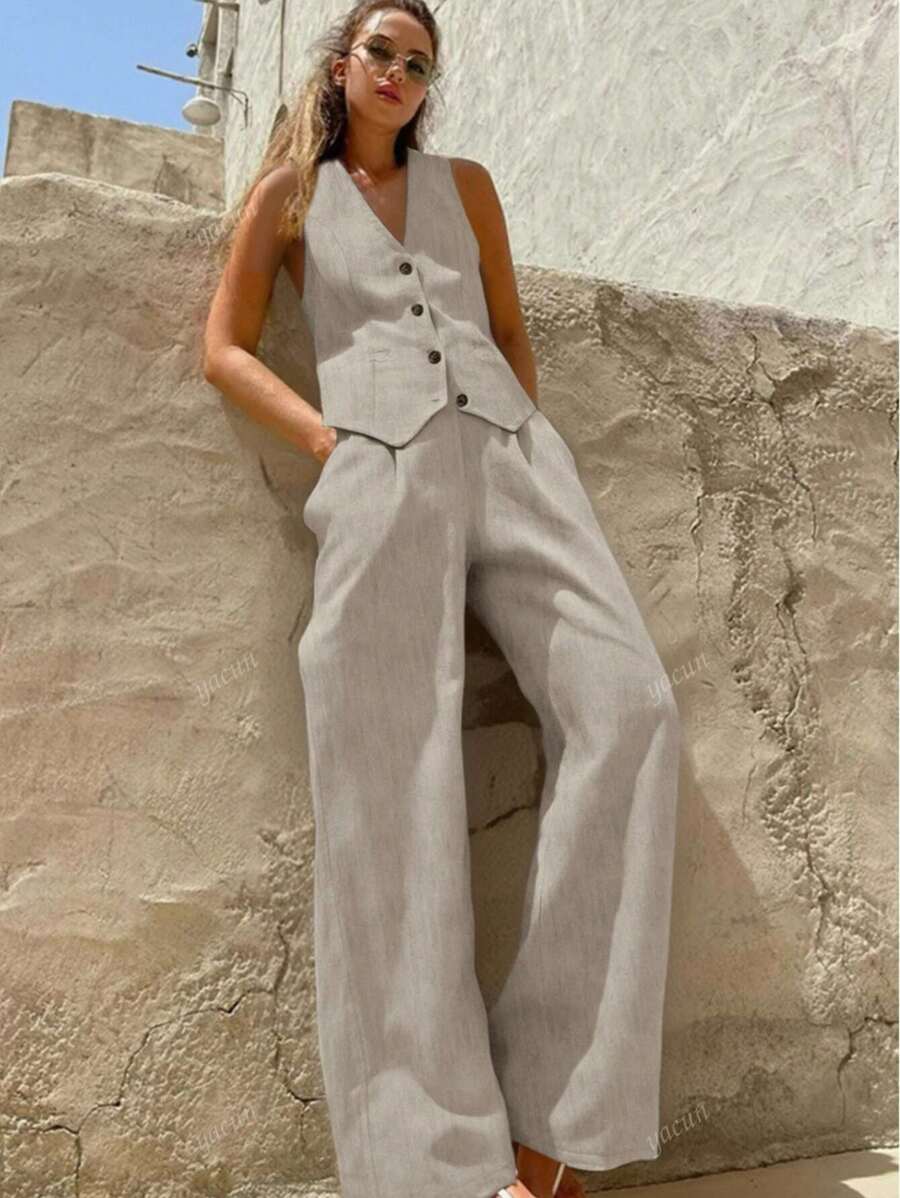 2pcs/Set Women's Solid Color Button Up Deep V Neck Sleeveless Vest Tops ...