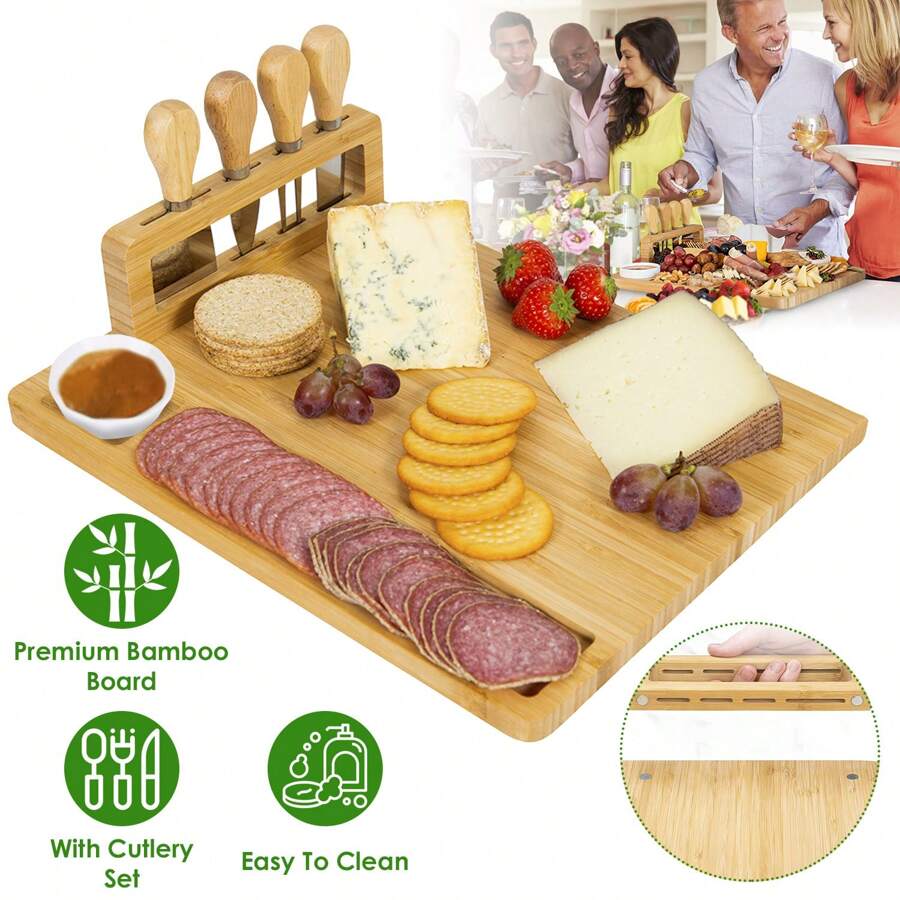 Bamboo Cheese Board Charcuterie Cheese Platter Board Serving Tray With ...