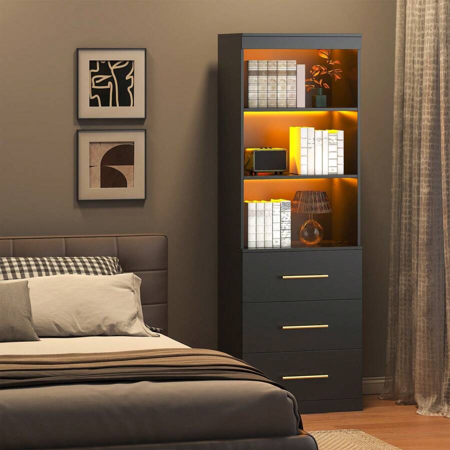 Winkalon 71"H White Bookshelf With LED Light, Bookcase And Bookshelf ...