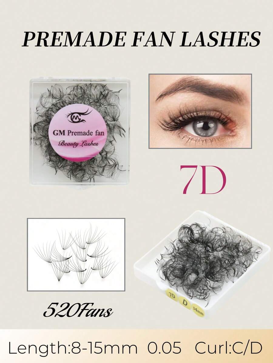 520fans In One Box Pointy Base 7d Promade Volume Fan Lashes 007mm Thickness Premade Loose Fan