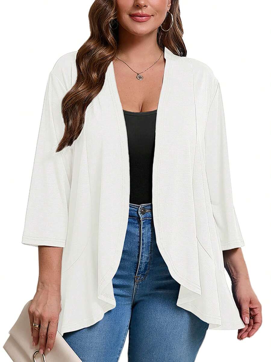 Women's Plus Open Front Lightweight Cardigan 3/4 Sleeves Bolero Pleated ...