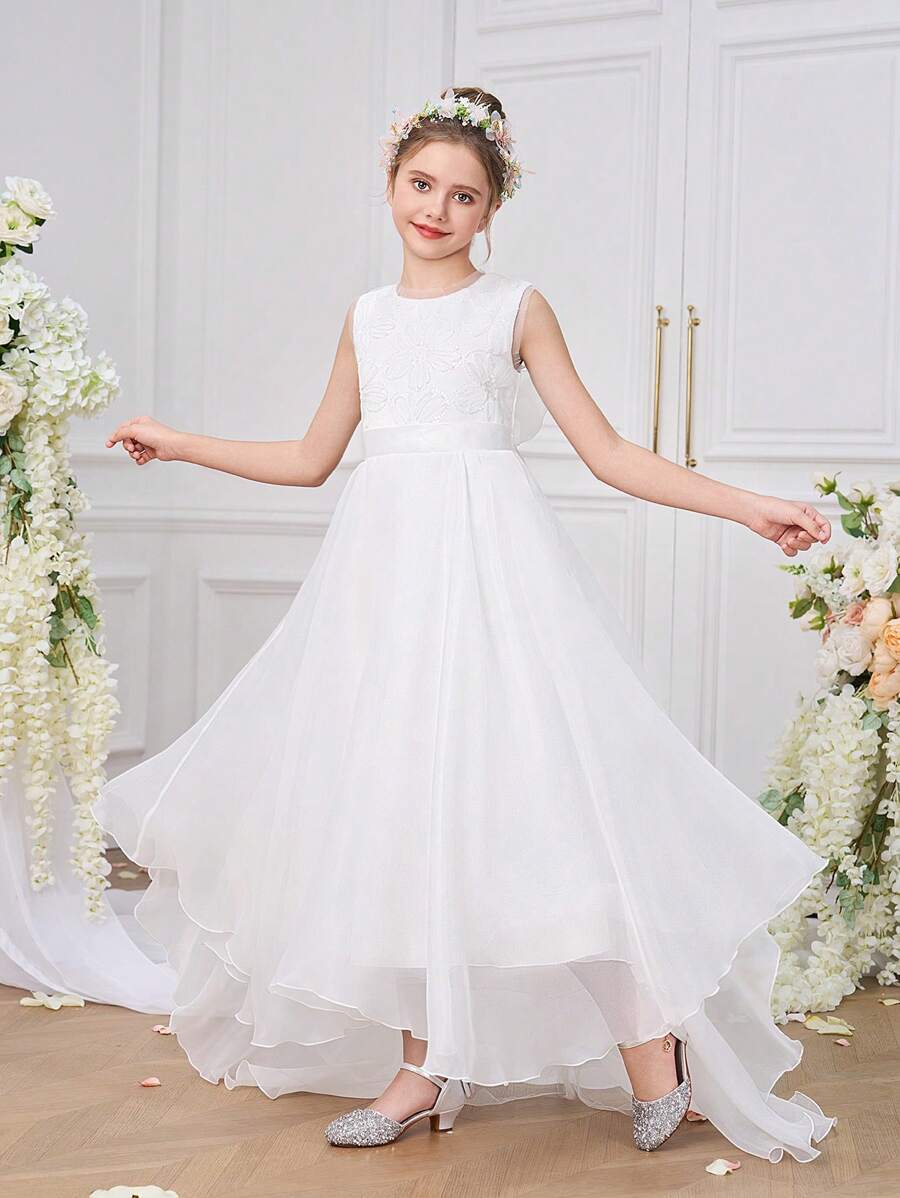 Tween Girls Elegant Big Bow White Wedding Bridesmaid Train Flower Girl ...