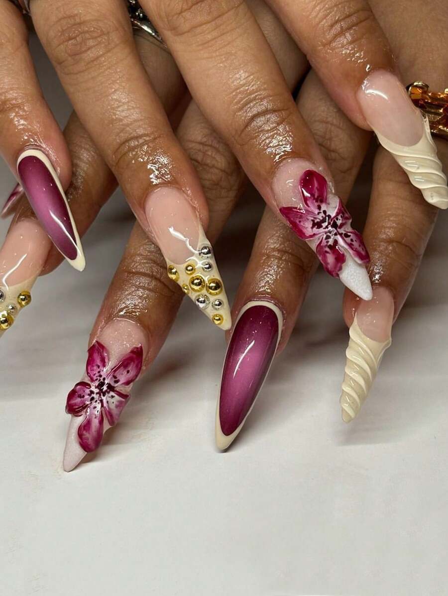 Handmade Nails 3D Nails French Nails 3D Flower Nails Stiletto Press On ...