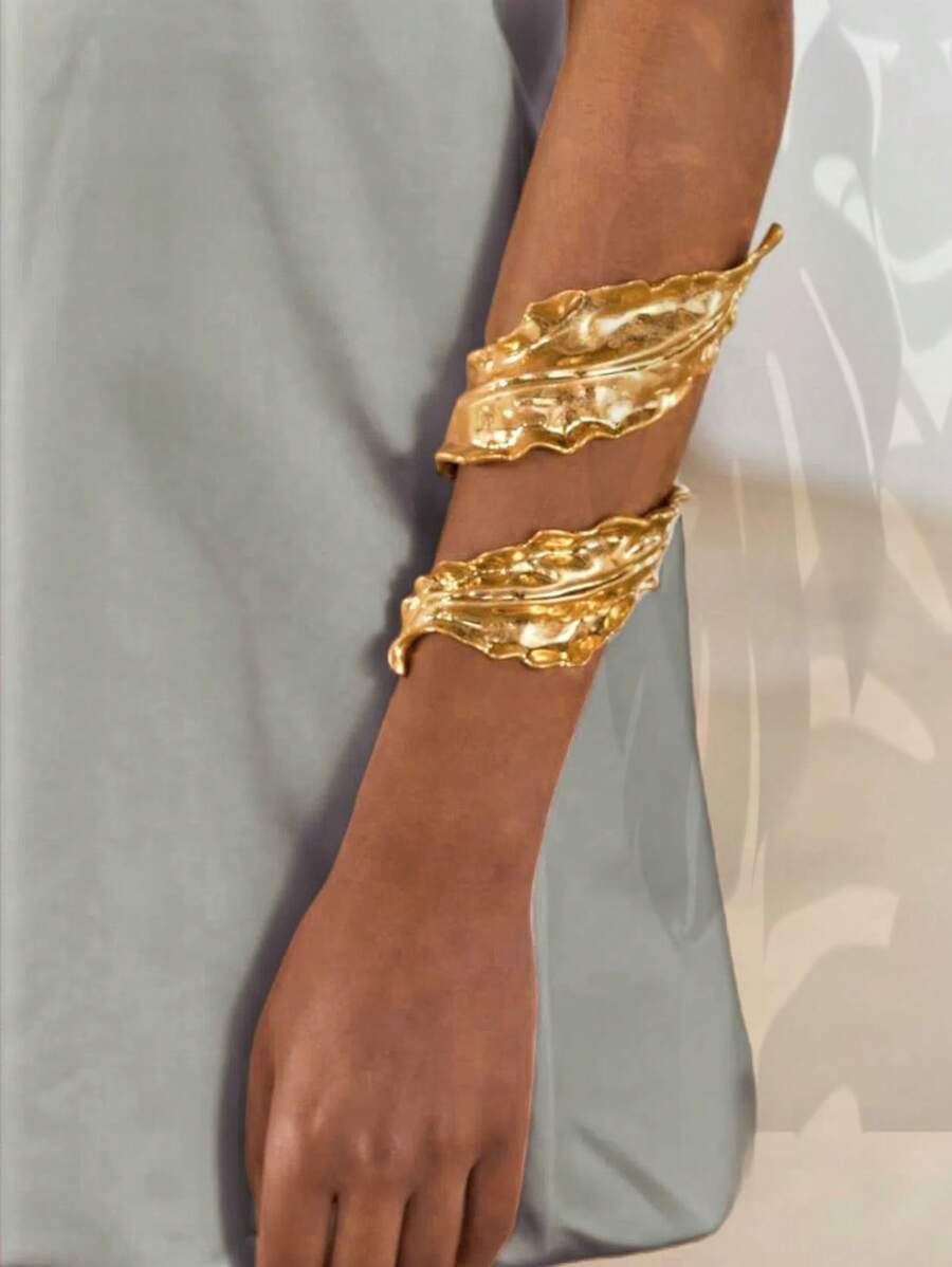 1pc Fashionable Punk Exaggerated Metal Leaf Shape Wide Bangle Bracelet ...