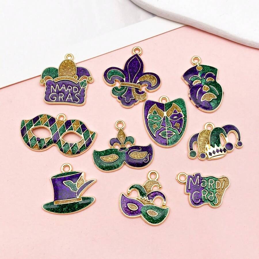 10pcs Mardi Gras Charms For Jewelry Making, Carnival Mask Crown Jester ...