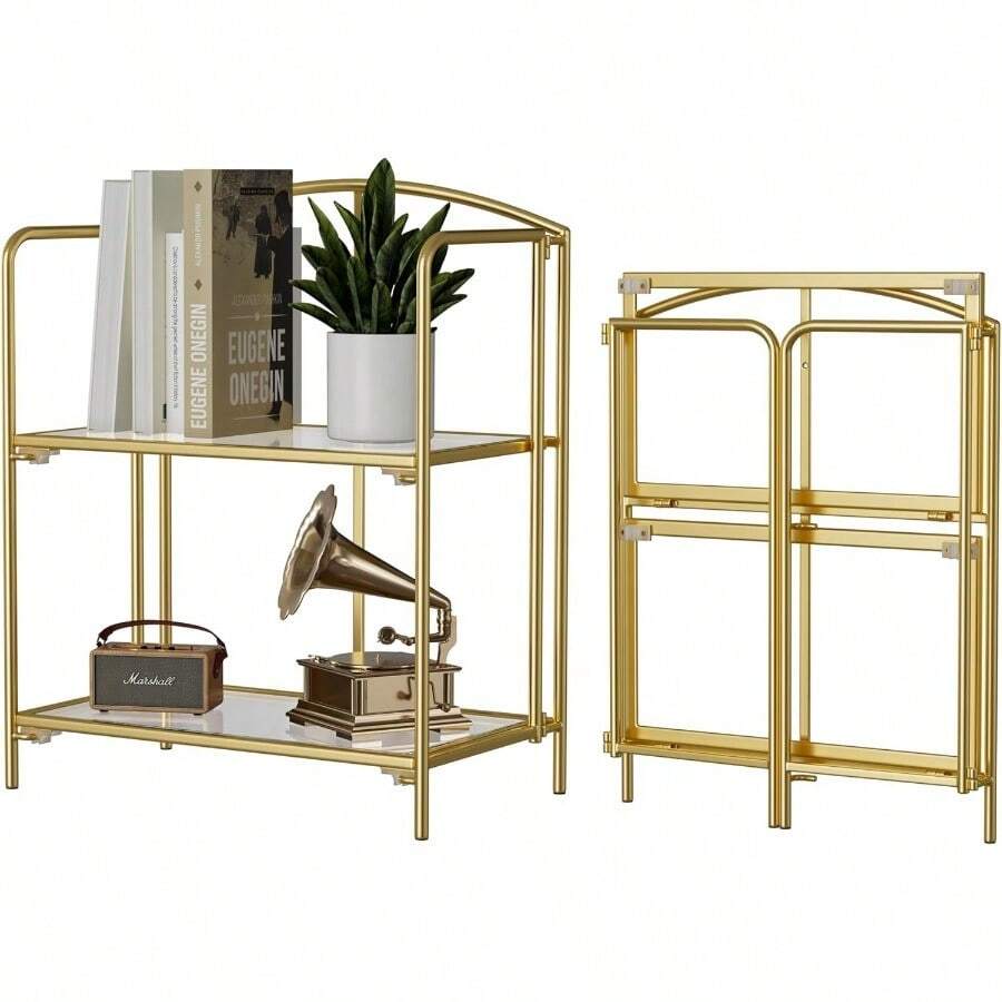 No Assembly Folding Bookshelf For Living Room, 2 Tier Gold Collapsible ...