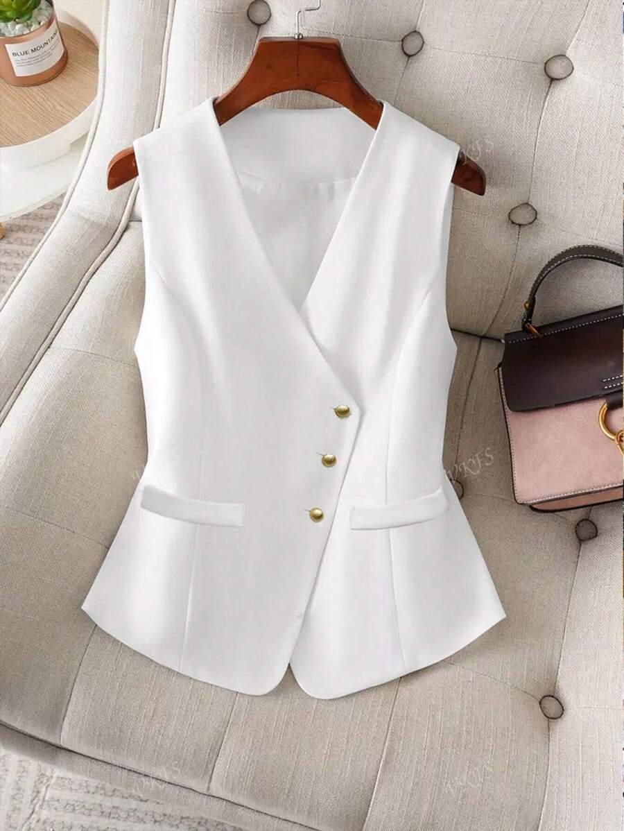 Women's Casual Chic Solid Color Metal Button Vest Elegant Commuter Work White Vest Blazer Spring ...