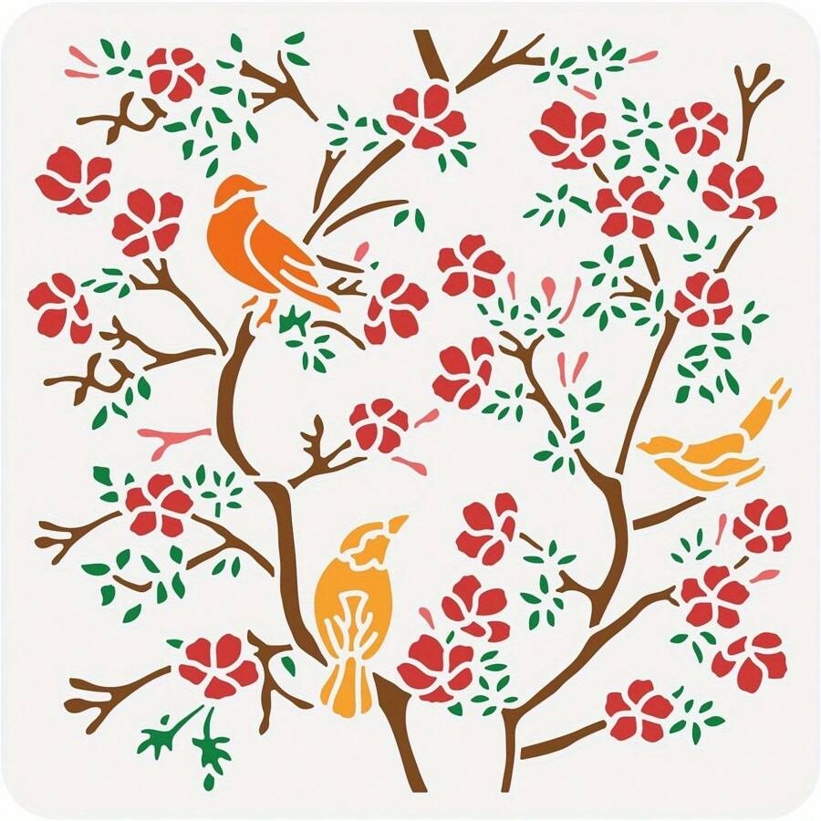Cherry Blossom Stencils, 30 X 30 Cm Chinoiserie Tree Bird Reusable ...