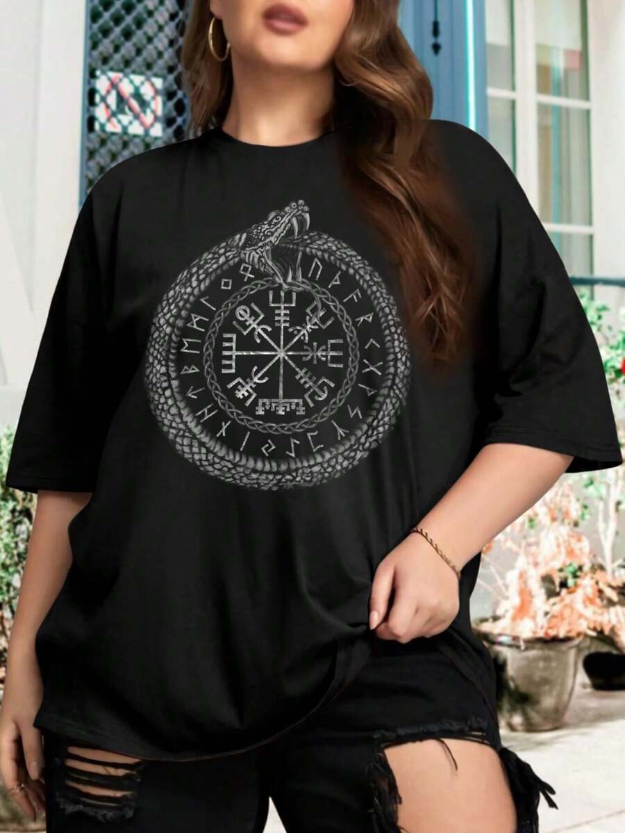 Plus Size Vegvisir Ouroboros Runes oversize women T-Shirt Celtic Snake ...