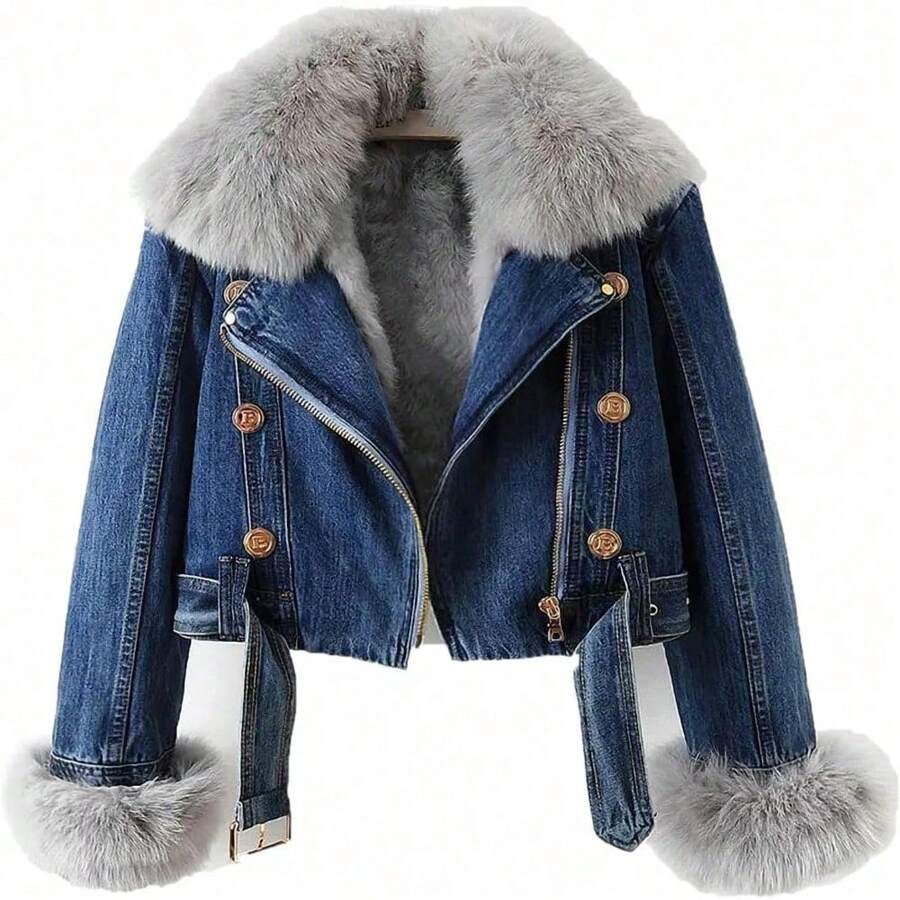 Women Denim Jacket With Fur Warm Fur Collar Rabbit Fur Lined Denim ...