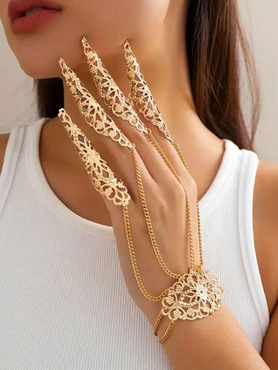 1pc Vintage Elegant Golden Gothic Chain Link Hollow Five Finger Network ...