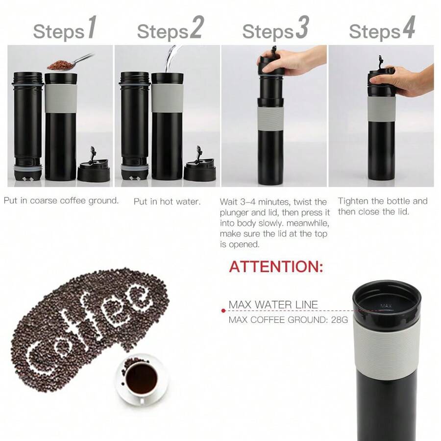 Portable French Press 350ml Coffee Maker Black Plastic Double Wall Mug ...