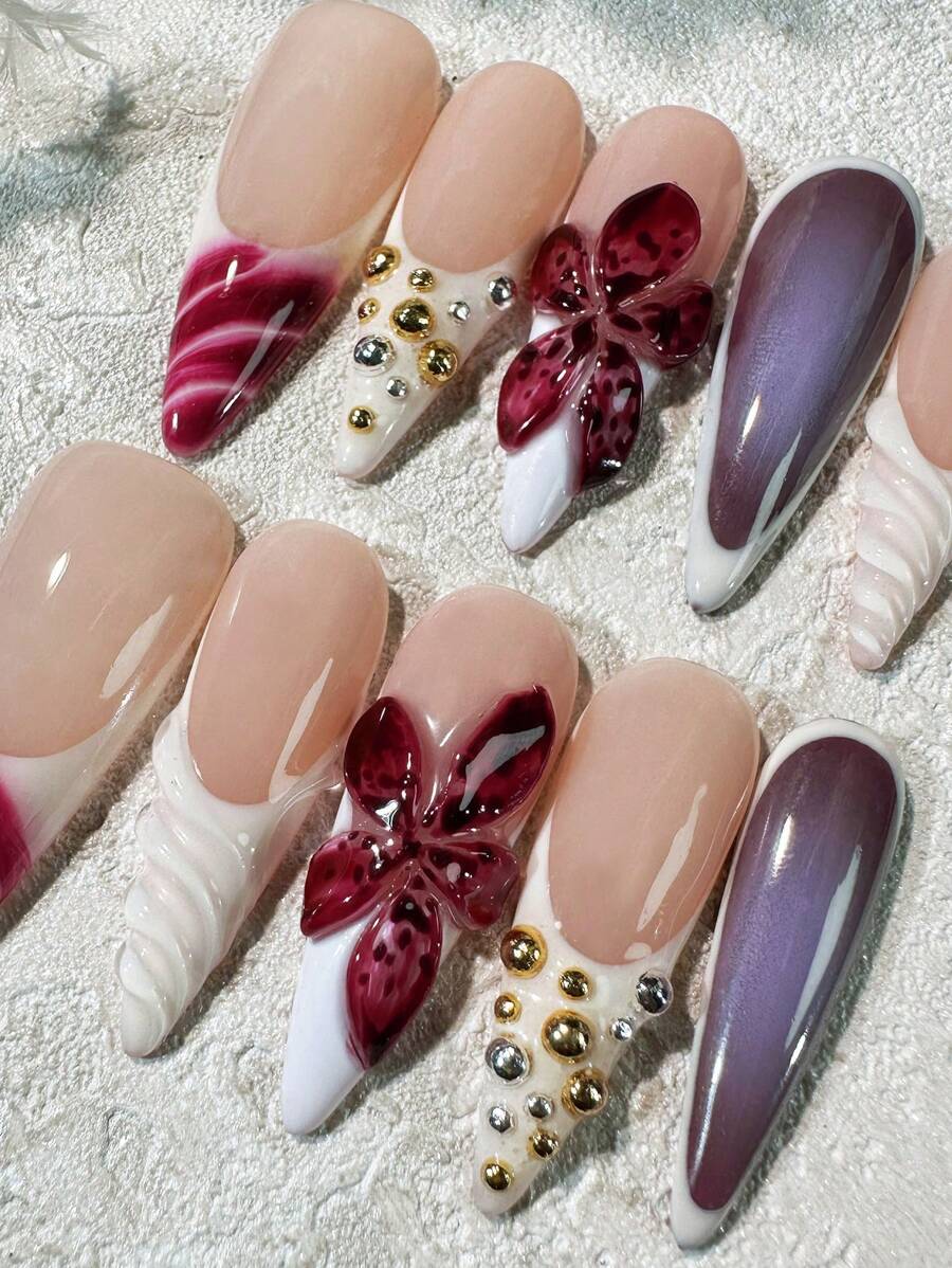 Handmade Nails 3D Nails French Nails 3D Flower Nails Stiletto Press On ...