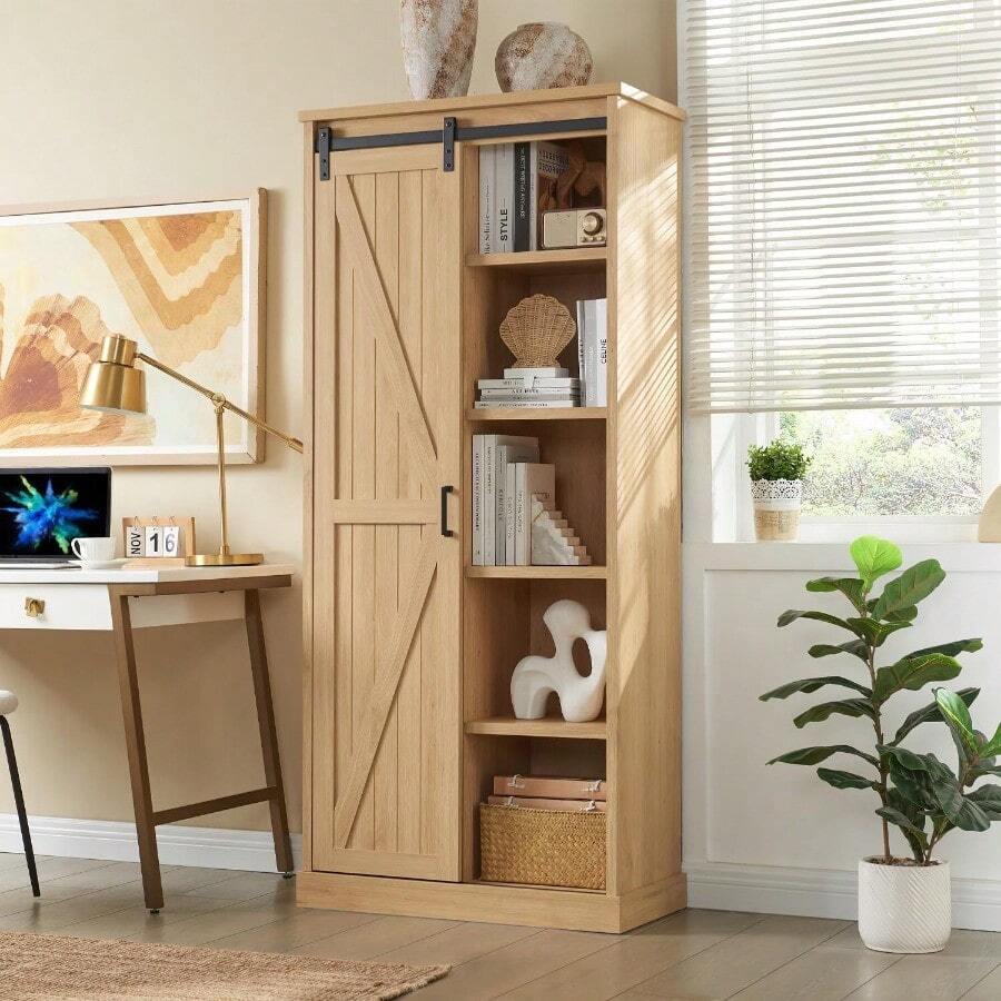 72 Tall Farmhouse Bookshelf 32 Wide Large Wooden Bookcase W Sliding ...